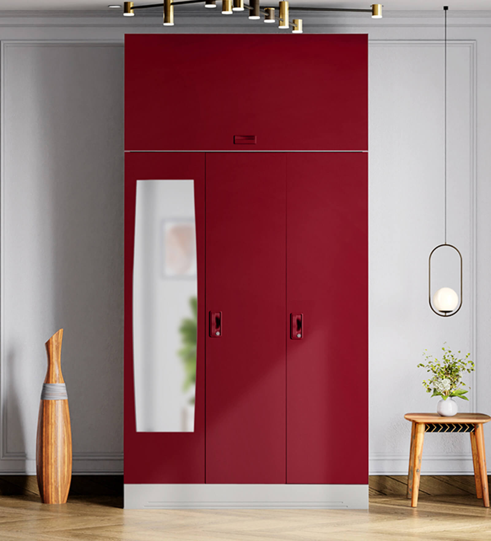 Buy Slimline M1 Steel 3 Door Almirah in Textured Carmine Red Colour ...