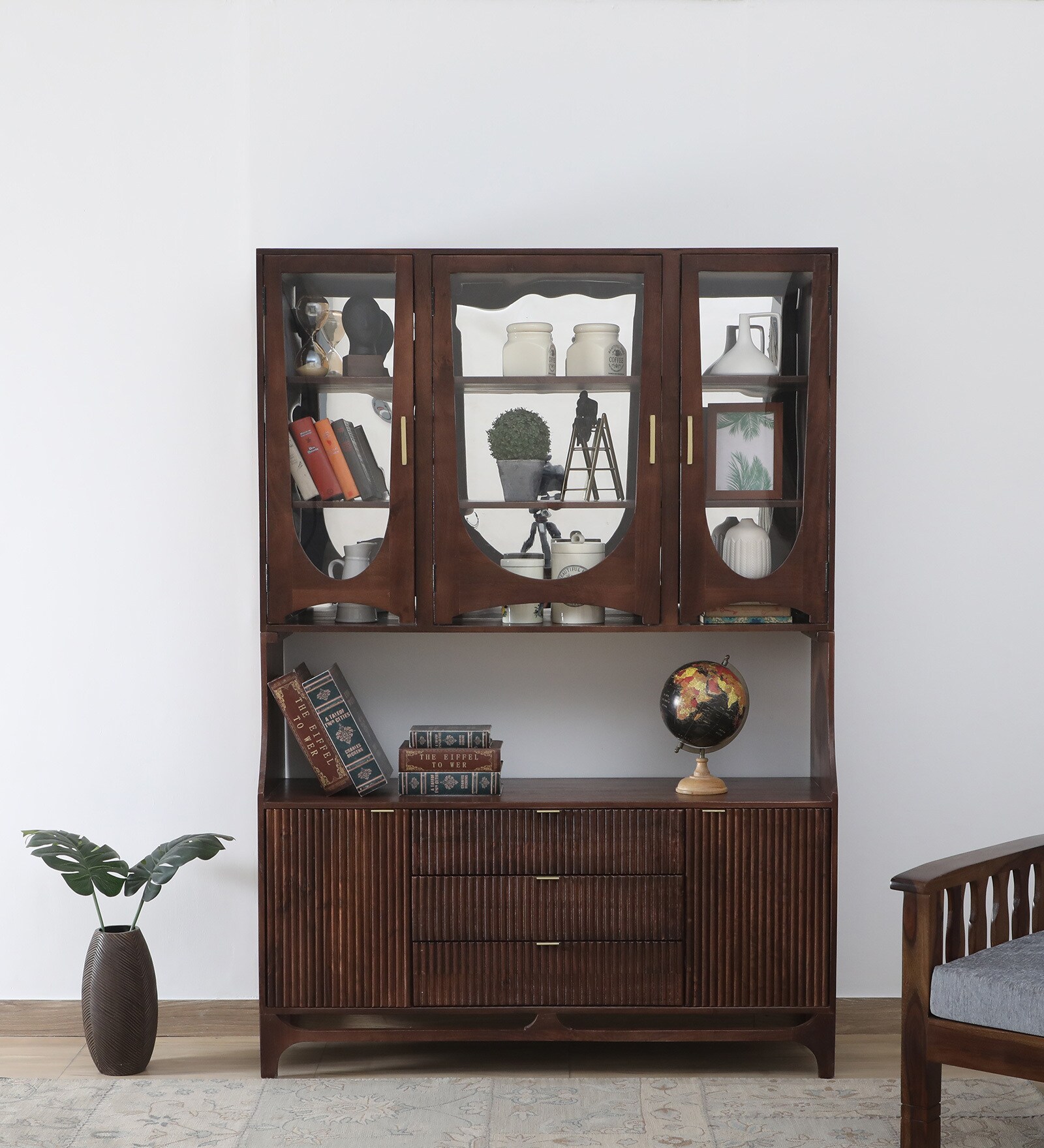 Buy Sloan Solid Wood Fluted 6FT Crockery Unit with Clear Display Rack ...