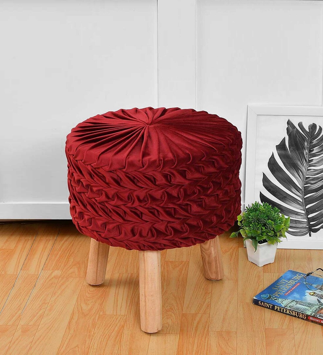 Buy Smocking Fabric Seating Stool in Maroon Colour at 24% OFF by Riance ...