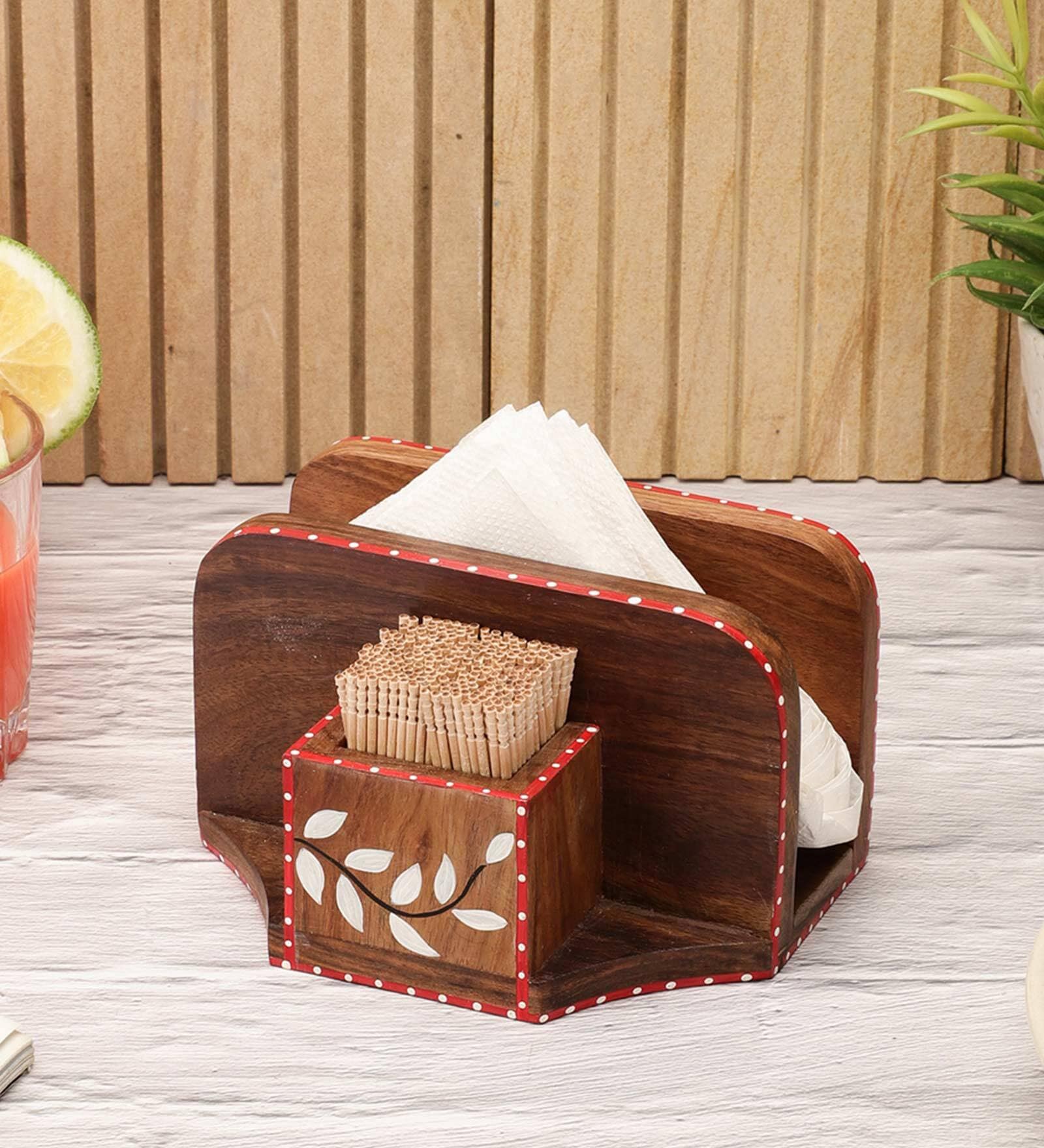 Buy Snow Leaf Brown & White Sheesham Wood Tissue & Thoothpick Holder at ...