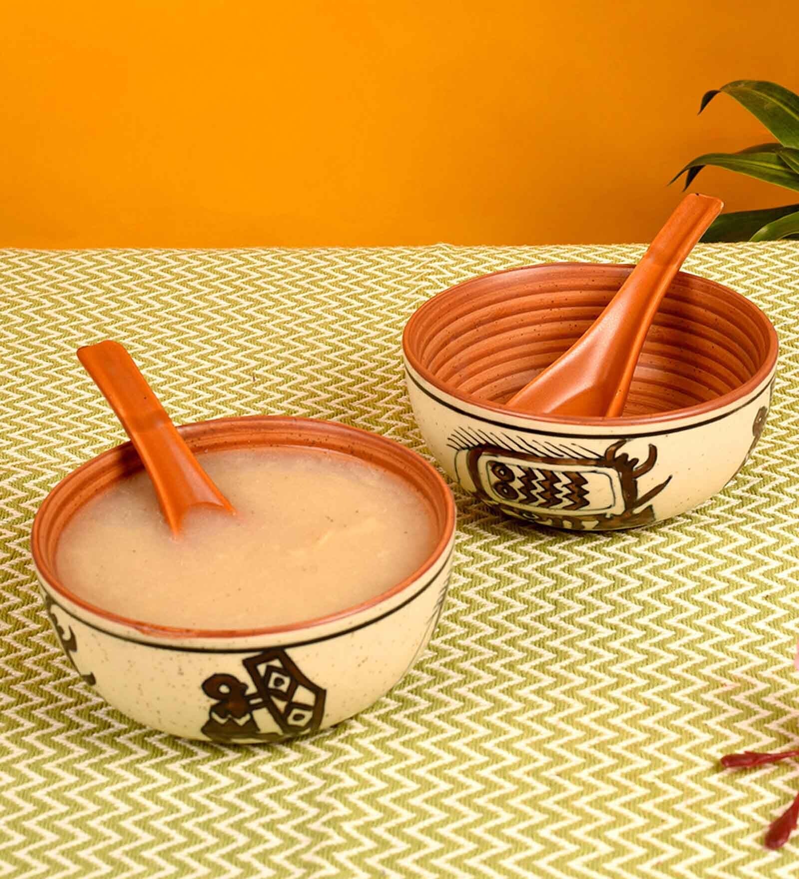 Buy Tribal Motif Brown & White 175 ml Ceramic 4 Pcs Soup Bowls With ...