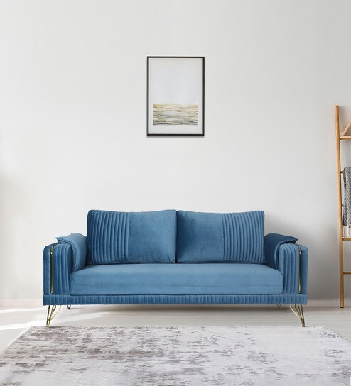 Buy Solitaire Velvet 3 Seater Sofa in Sky Blue Colour Online - Modern 3 ...