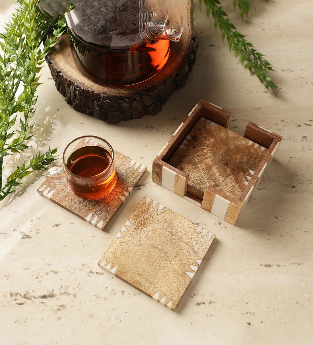 Buy Square Liner Cream & White MDF (Set of 4) Table Coaster with Stand ...