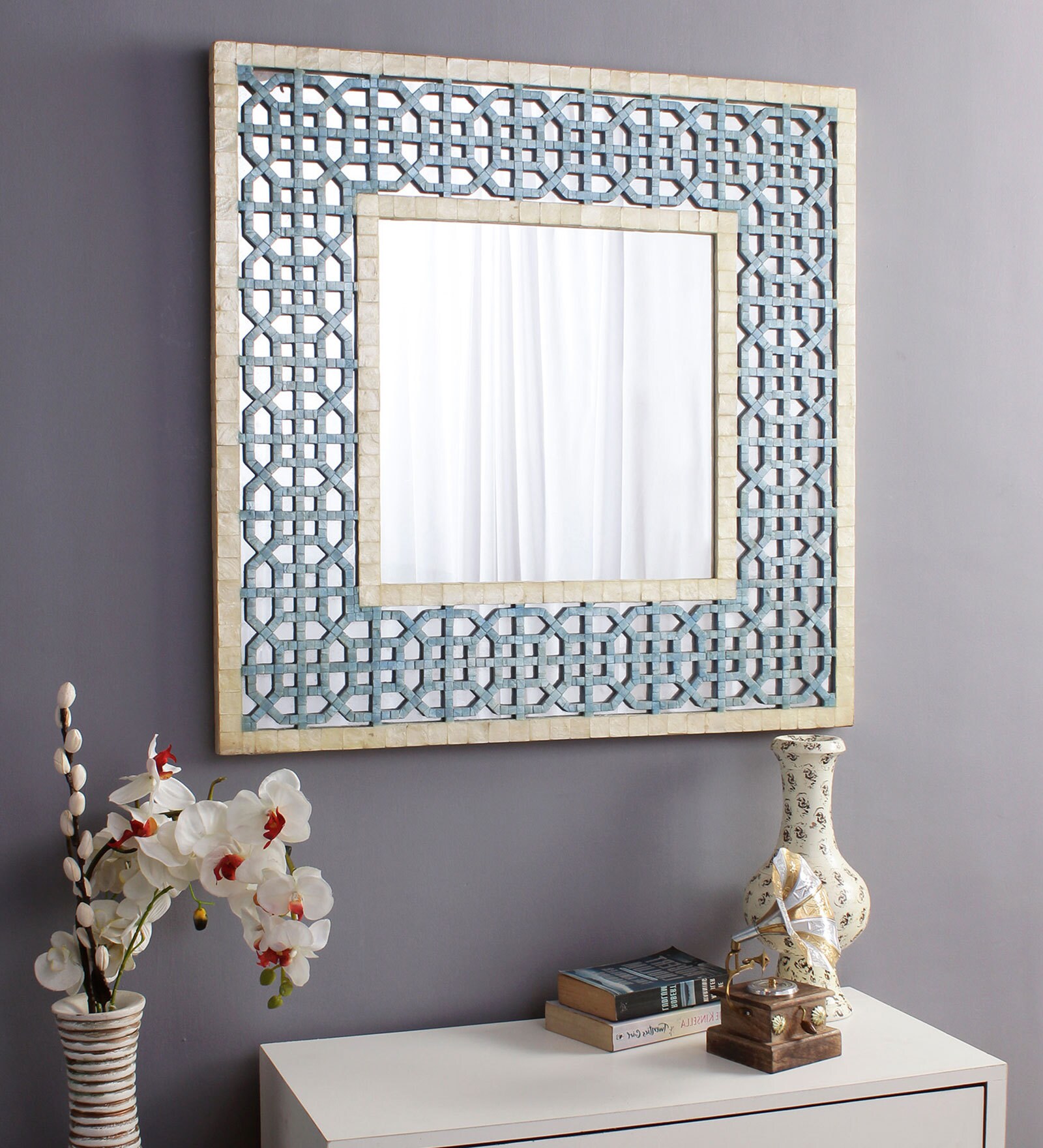 Buy Square Capiz & Glass Mother of Pearl Finish Big Wall Mirror in Blue ...