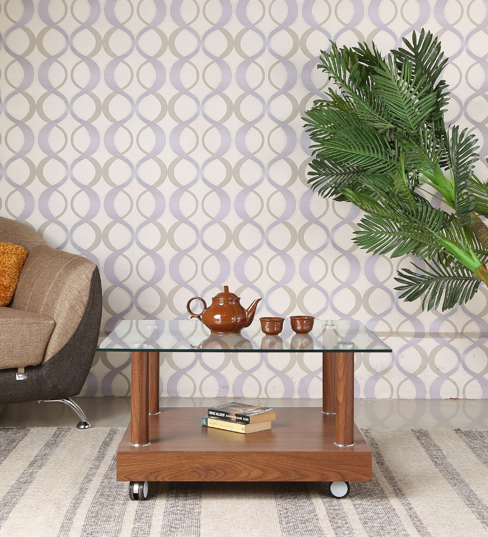 Buy Ideal Square Center Table with Wheels & Glass Top in Brown Finish ...