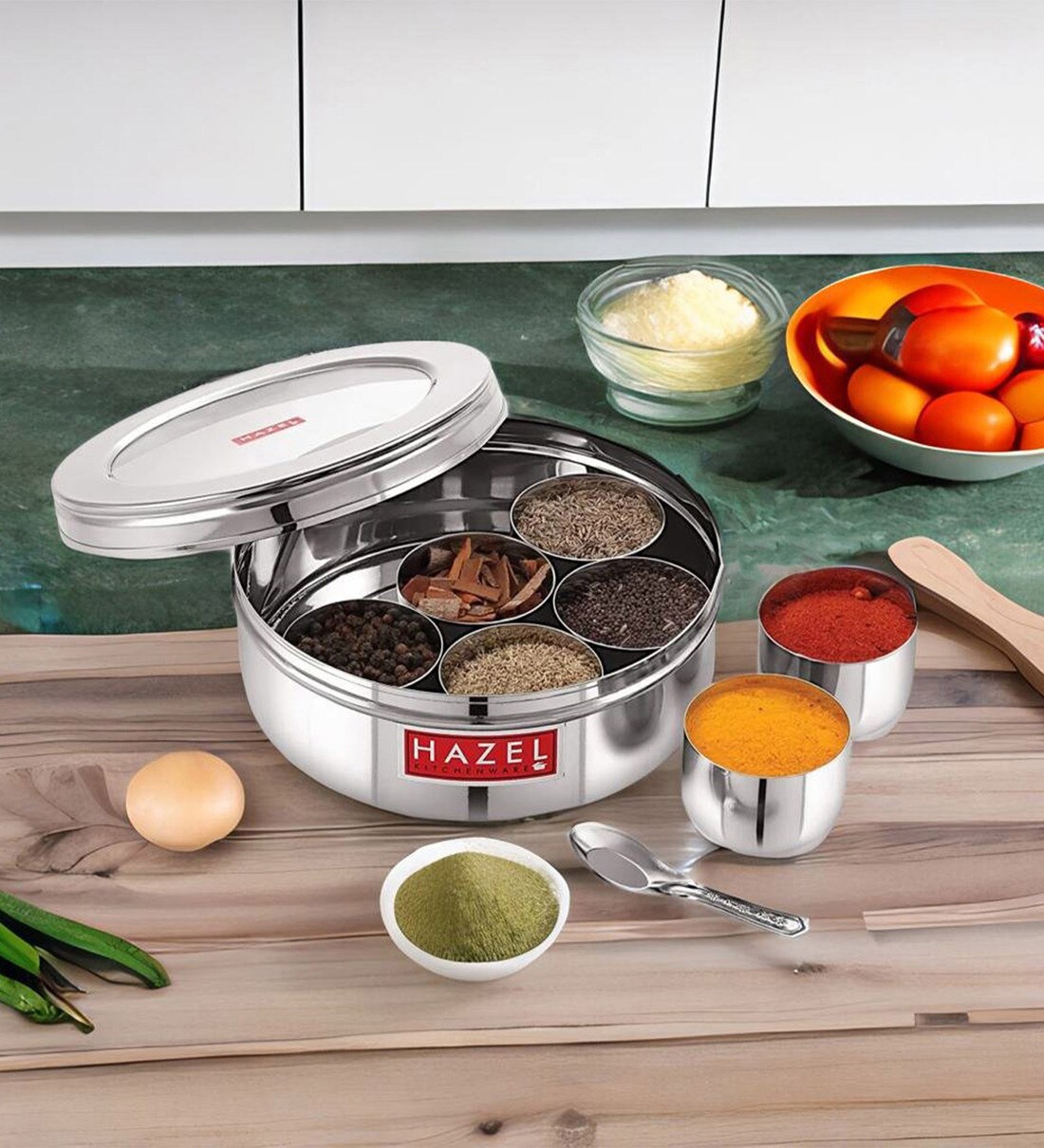 Buy Stainless Steel Silver Spice Box with 7 Wati and Small Spoon at 40% ...