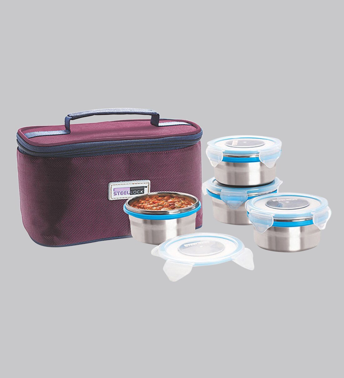 Buy Steel Lock 4 pc Lunch Box with Wine color Insulated bag Online ...