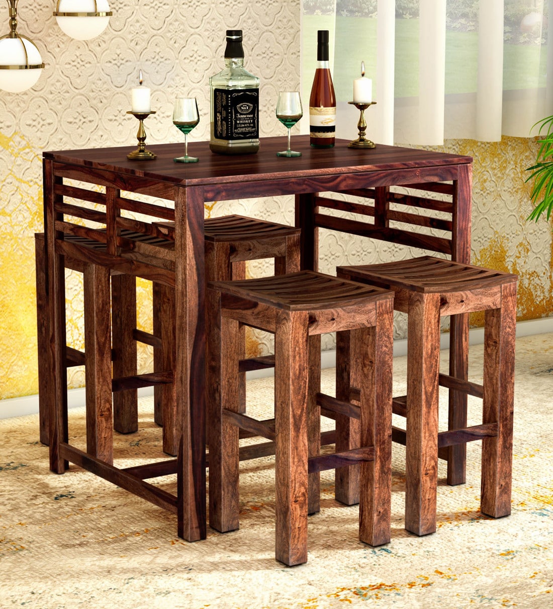 Buy Stigen Solid Wood Bar Table Set in Provincial Teak Finish By ...