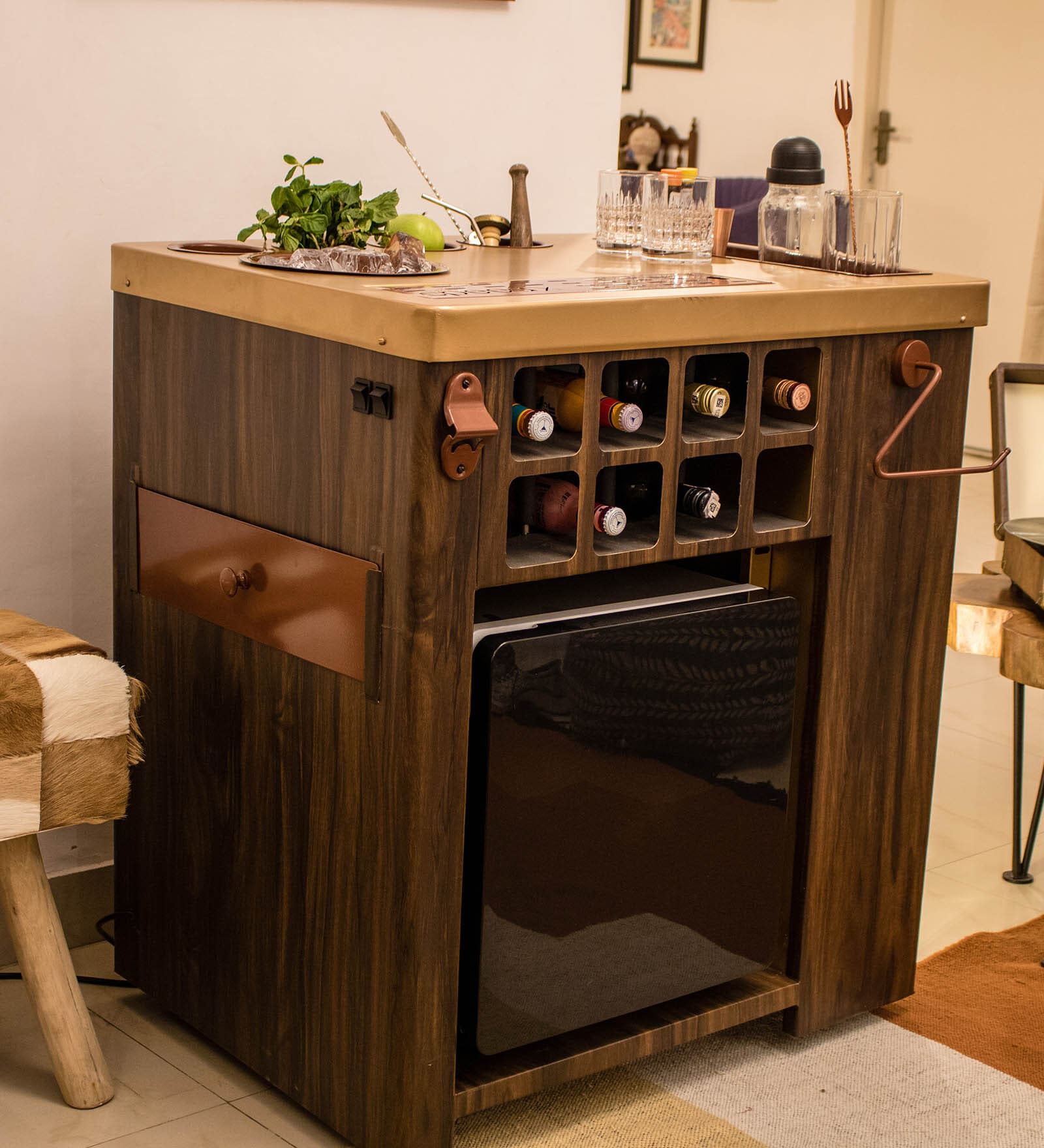 Buy Model X All-In-One Metal Bar Cabinet in Wooden Vinyl & Matt Gold Finish With In-Built 30L ...