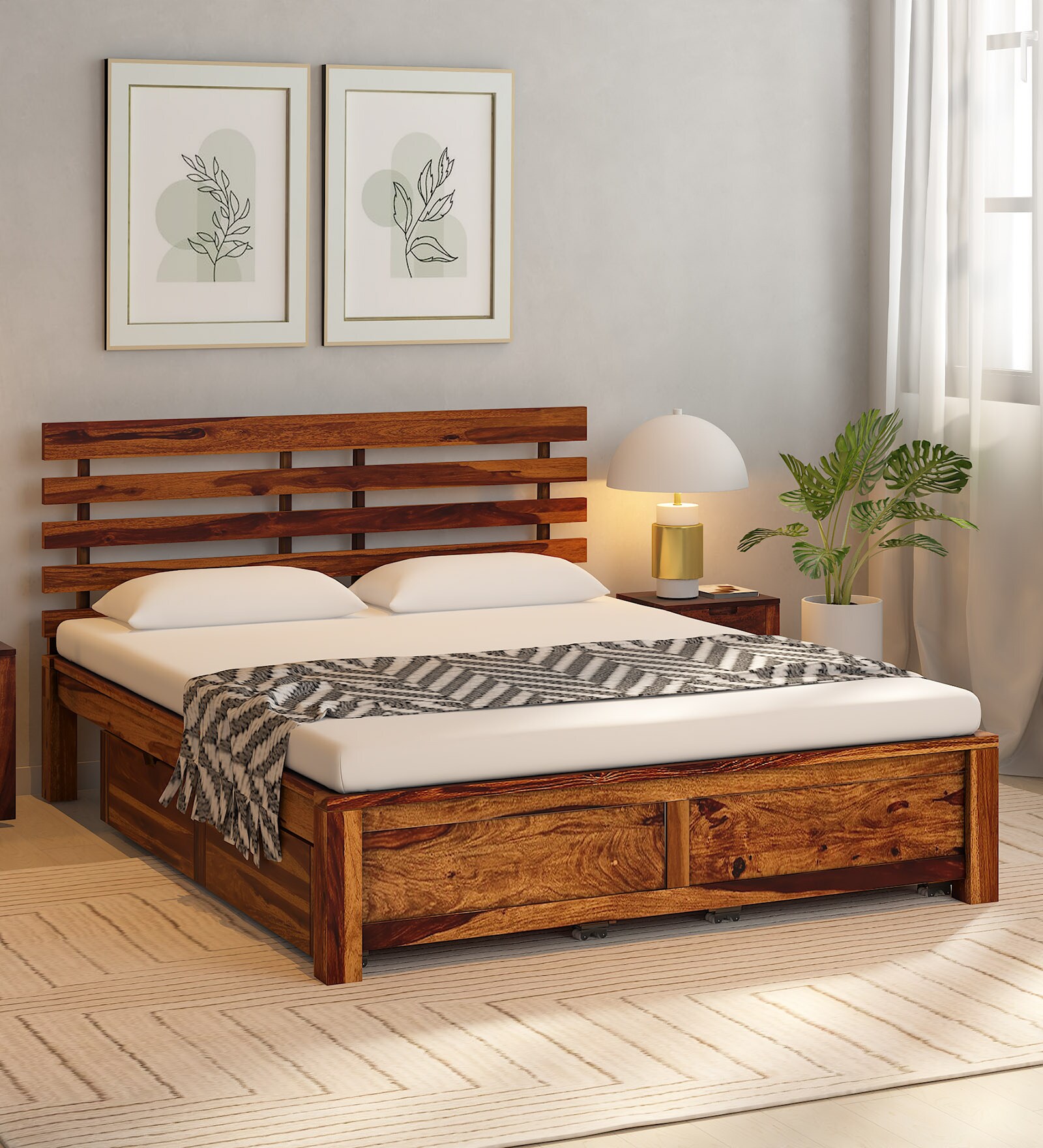 Buy Stigen Sheesham Wood Queen Size Bed In Provincial Teak Finish With ...