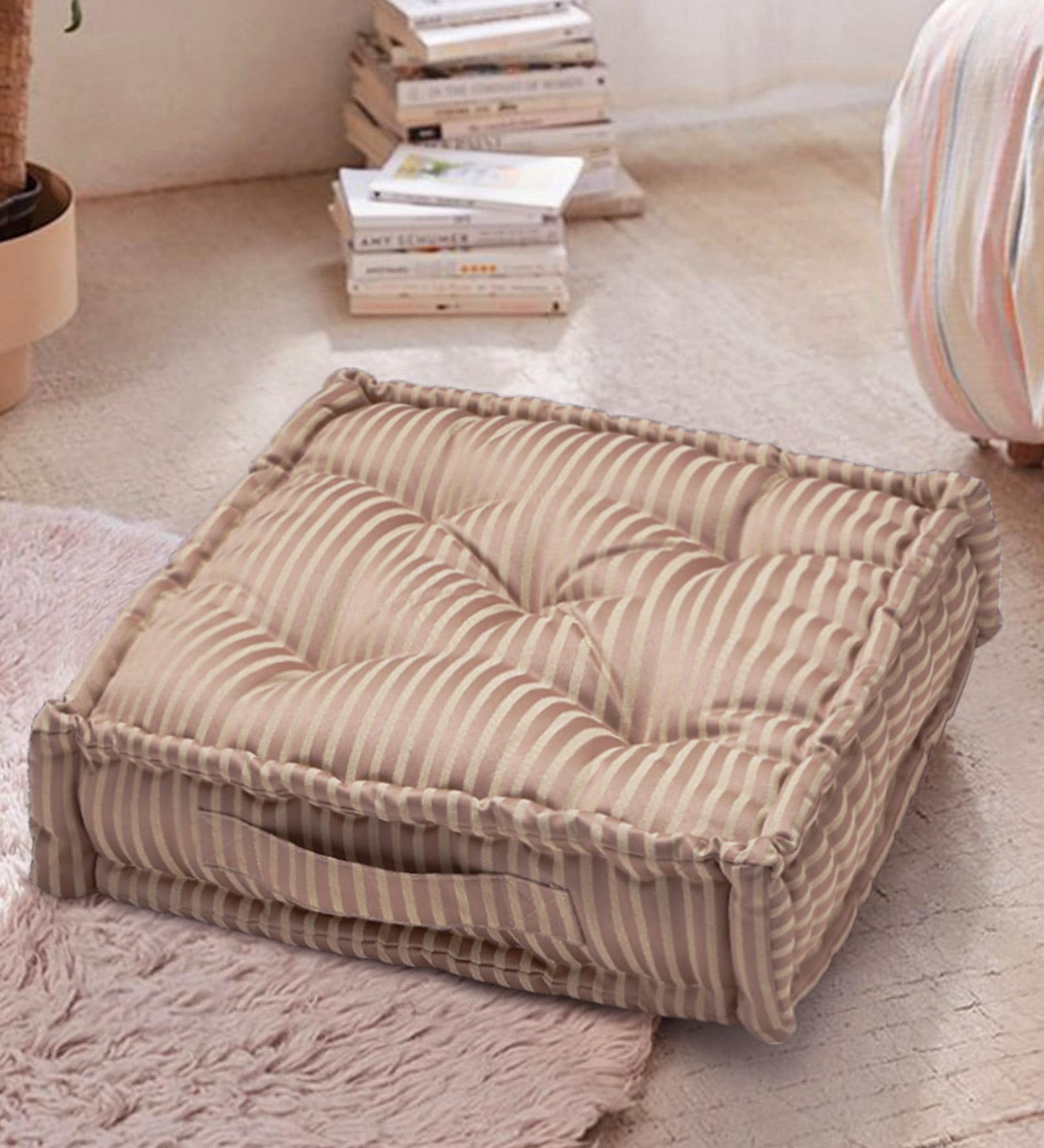 Buy Striped Tan Polyester 20x20 Inches Square Floor Cushion by S9Home ...