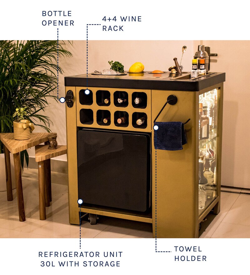Buy All-In-One Metal Bar Cabinet in Matt Black & Matt Gold Finish With ...
