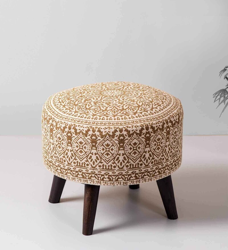 Buy Fremont Fabric Seating Stool in Brown & White Colour by NestRoots ...