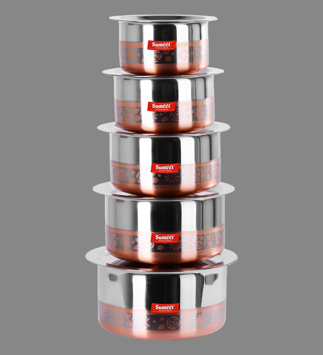 Buy Stainless Steel Designer Copper Bottom (Set Of 5) Tope With Lids at ...