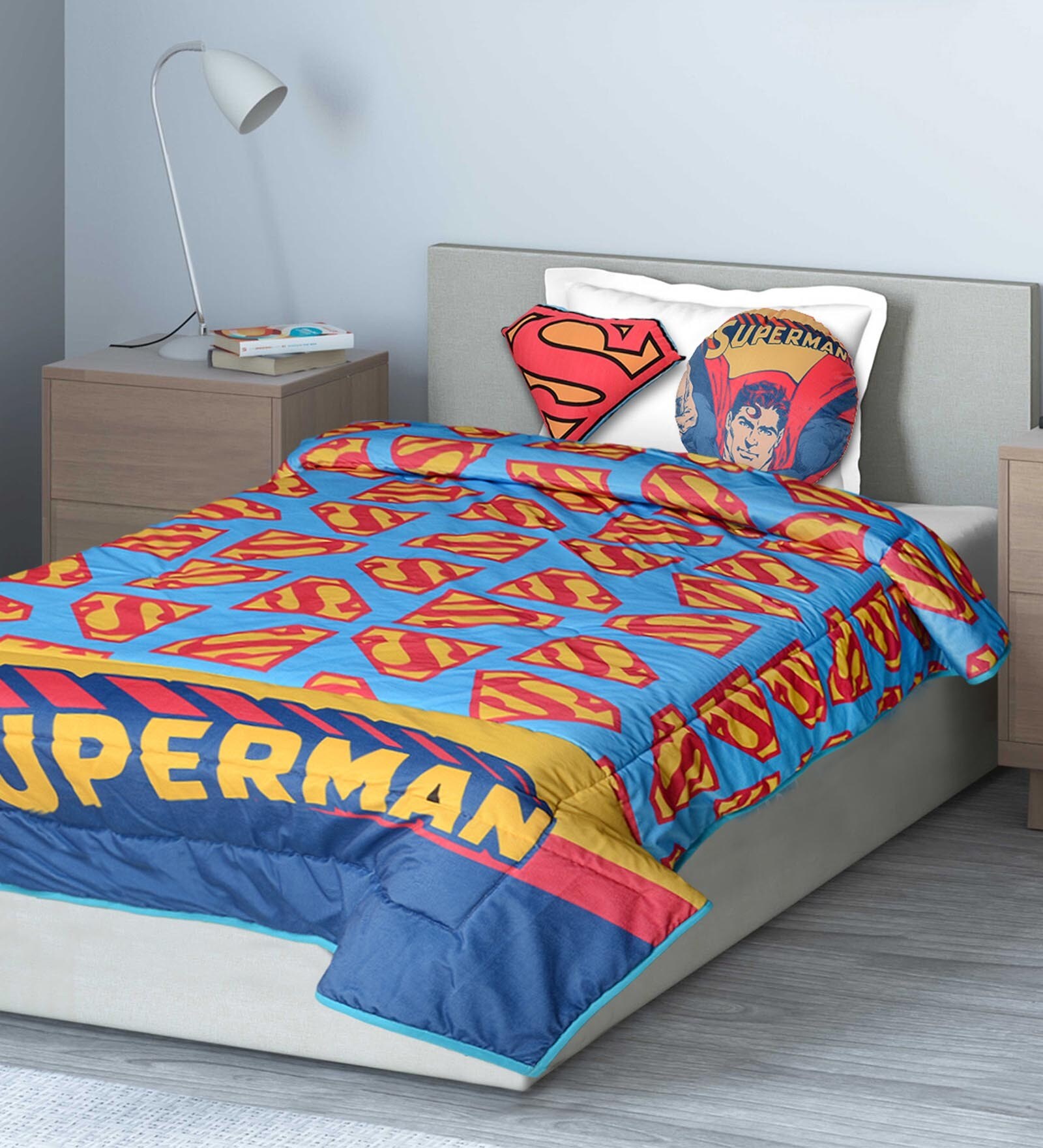 Buy Superman Quilt with 2 Cushions in Blue by Saral Home at 50% OFF by ...