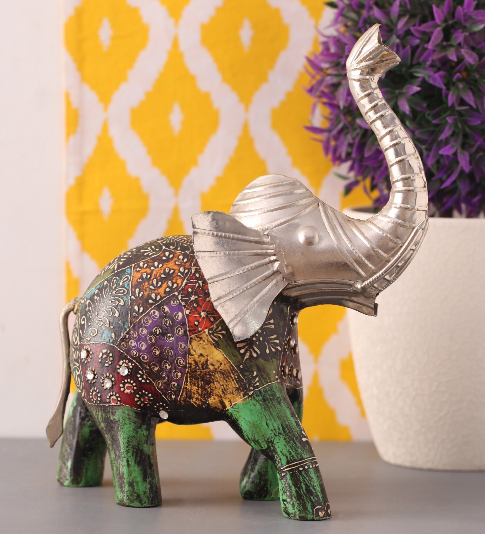 Buy Suriti Multicolour Wood & Metal Decorative Elephant Showpiece ...