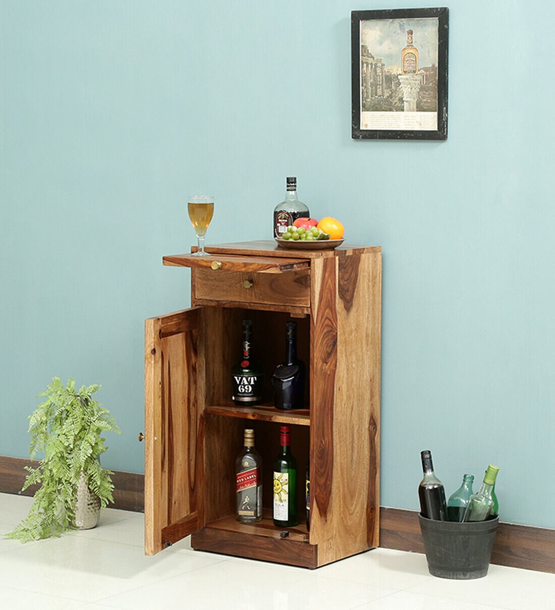 Buy Syrna Solid Wood Bar Cabinet In Rustic Teak Finish By Woodsworth ...