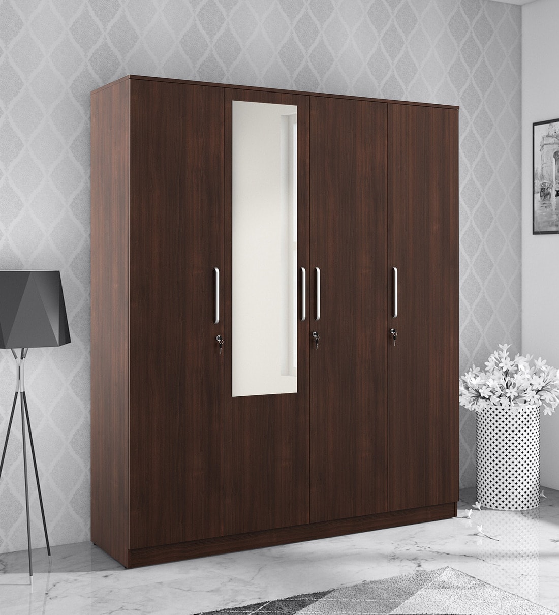 Buy Takashi 4 Door Wardrobe in Regato Walnut Finish with Mirror Online ...