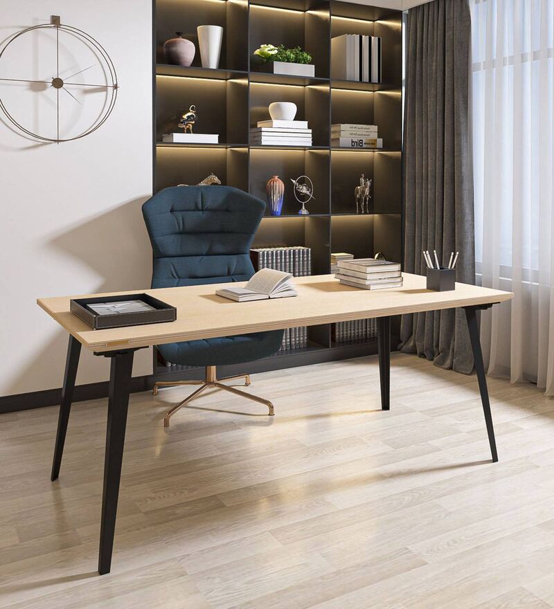 Buy Takeshi Oak Veneer Pro Desk in Black Metal Legs by Pelican ...