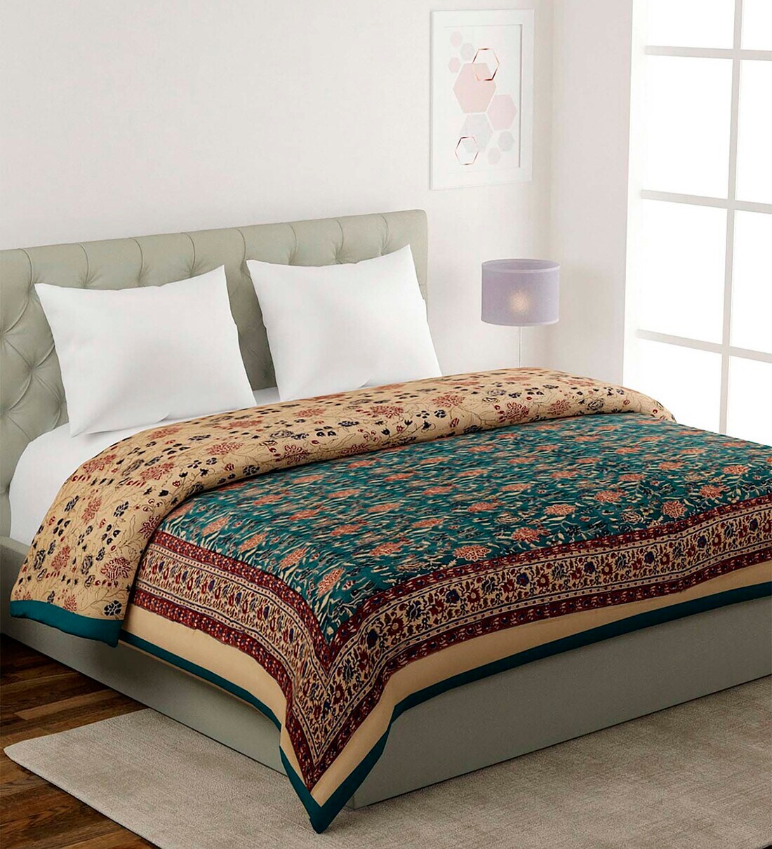 Buy Teal Cotton 170 GSM Double Bed Quilt by Fabindia by Fabindia ...