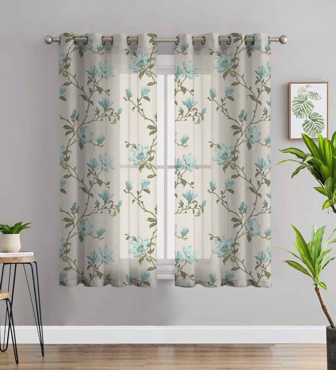 Buy Teal Polyester Floral 5Ft Sheer Eyelet Window Curtains (Pack of 2 ...