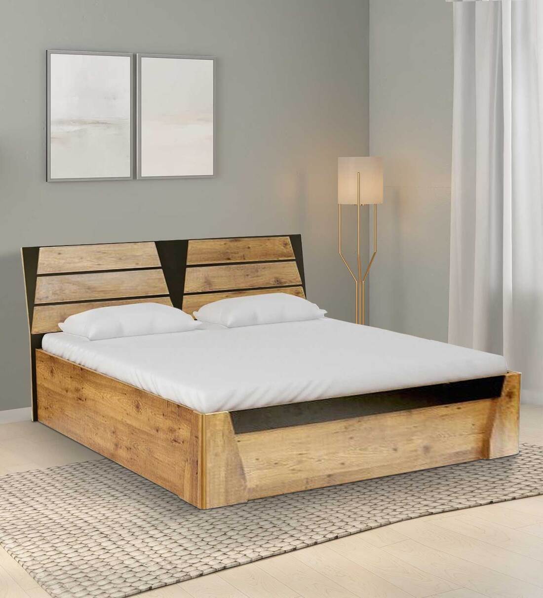 Buy Texas Queen Size Bed Natural with Hydraulic Storage Online - Modern ...