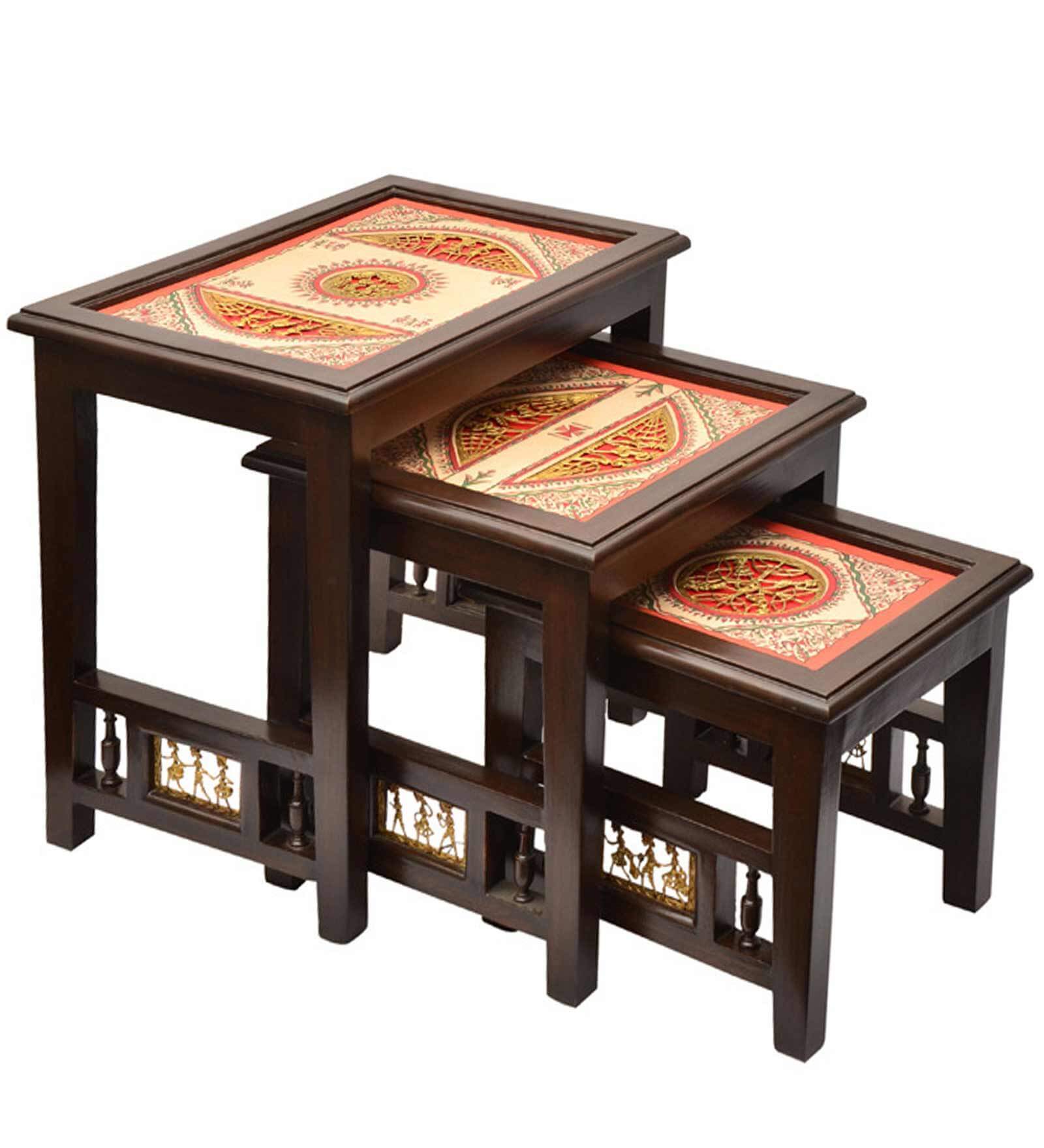 Buy Teak Wood Nested Stools in Walnut Finish by Exclusivelane - Set of ...