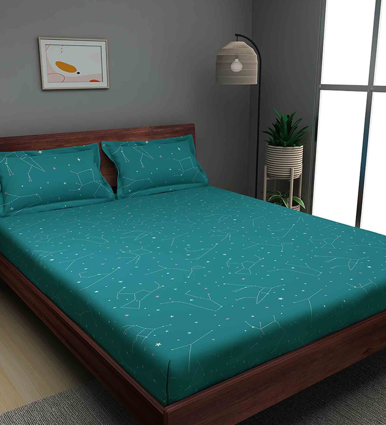 Buy Teal Abstract 180 TC Cotton Queen Sized Bed Sheets with 2 Pillow ...