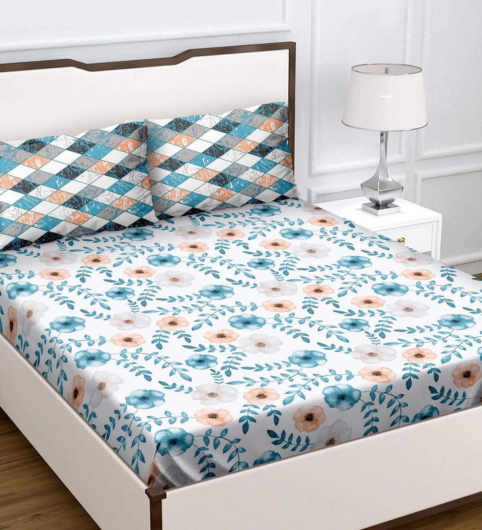 Buy Teal Floral 180 TC Cotton Queen Sized Bed Sheets with 2 Pillow ...