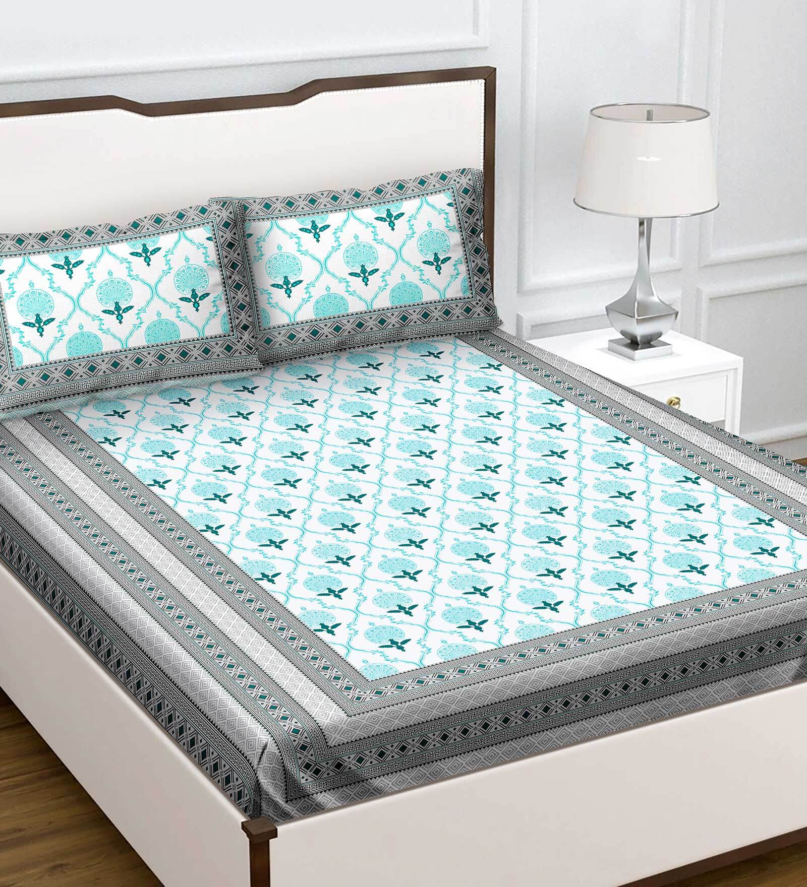 Buy Teal Traditional 180 TC Cotton Queen Sized Bed Sheets with 2 Pillow ...
