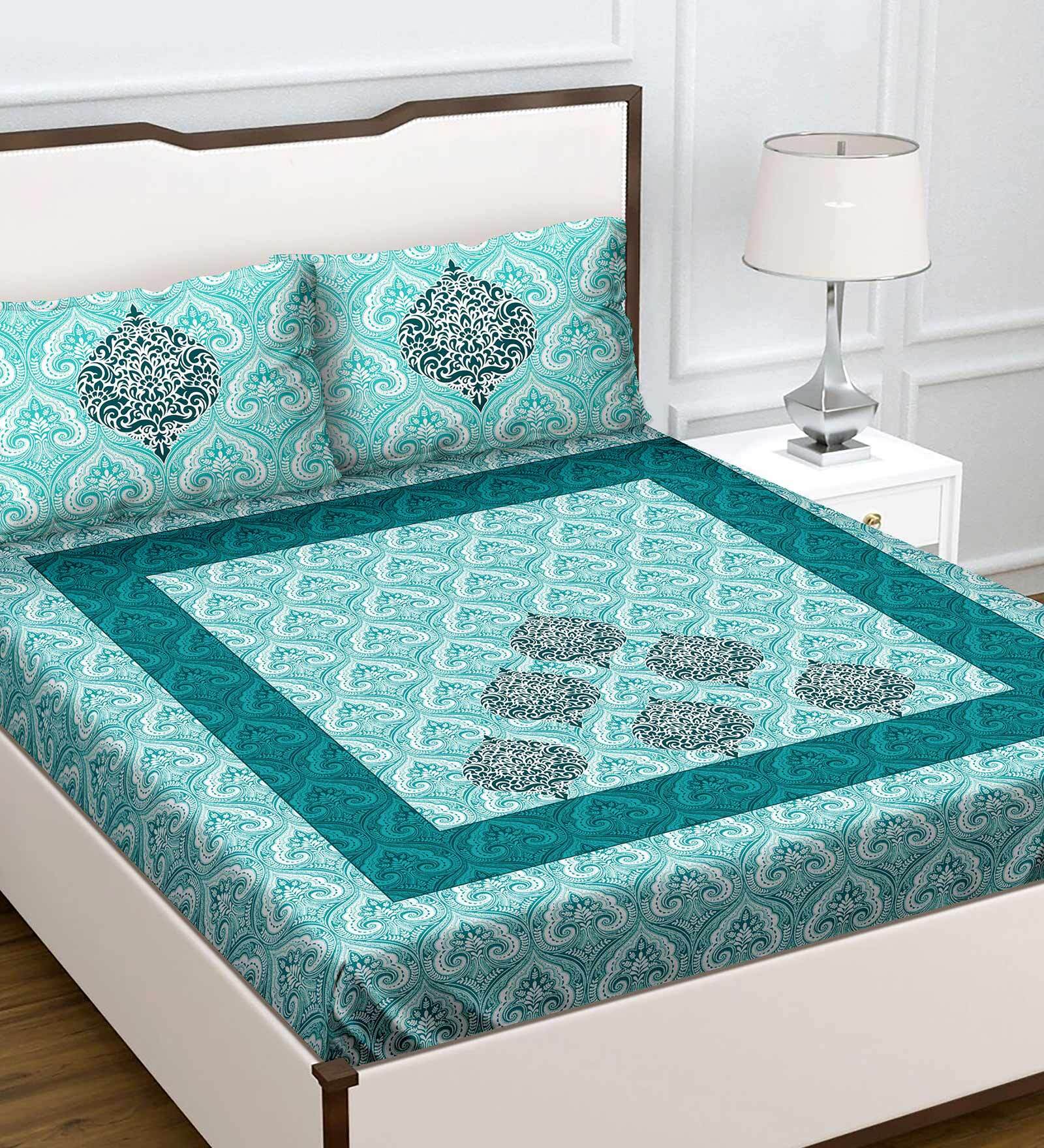 Buy Teal Traditional 180 TC Cotton Queen Sized Bed Sheets with 2 Pillow ...