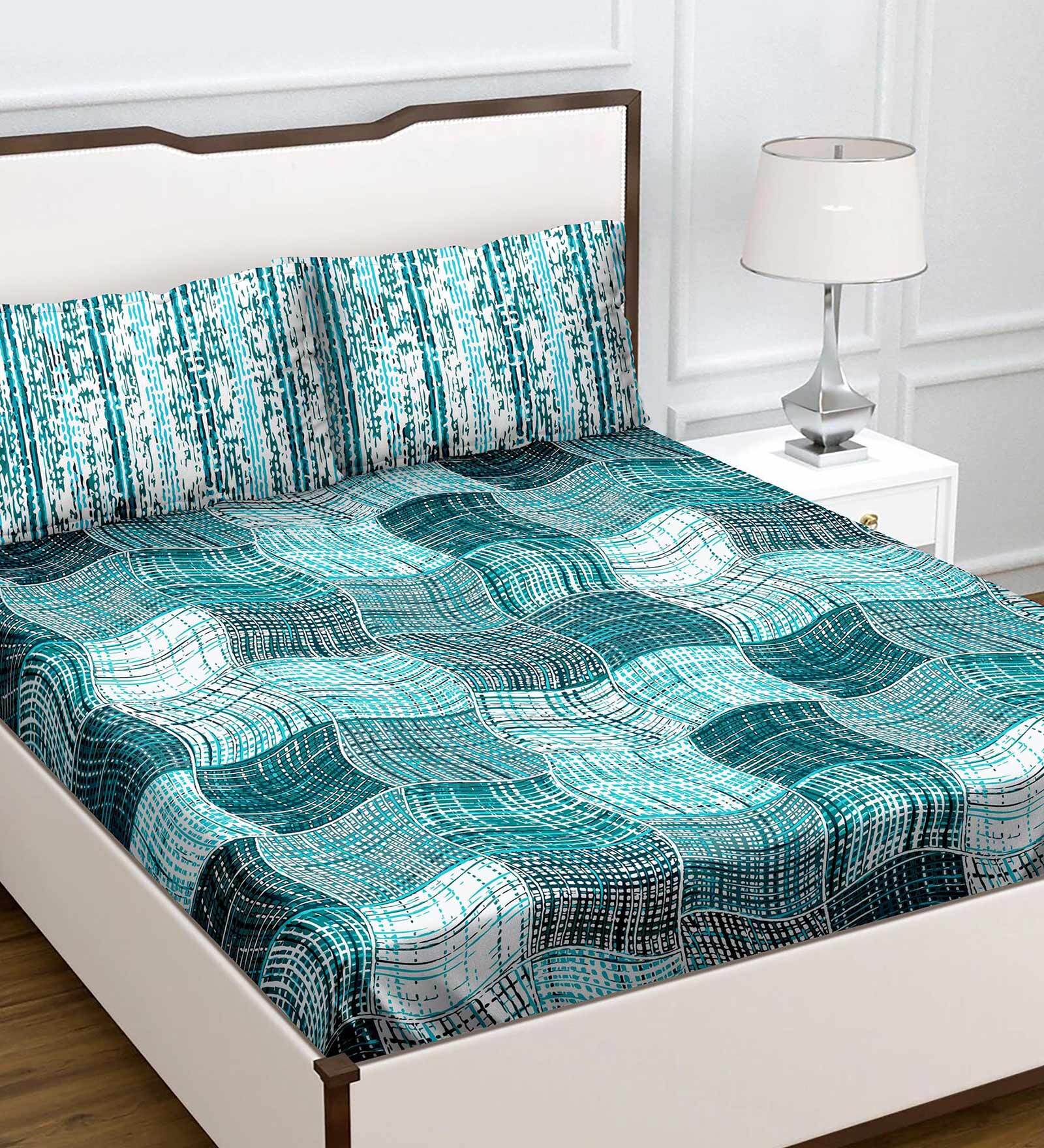 Buy Teal Abstract 180 TC Cotton Queen Sized Bed Sheets with 2 Pillow ...