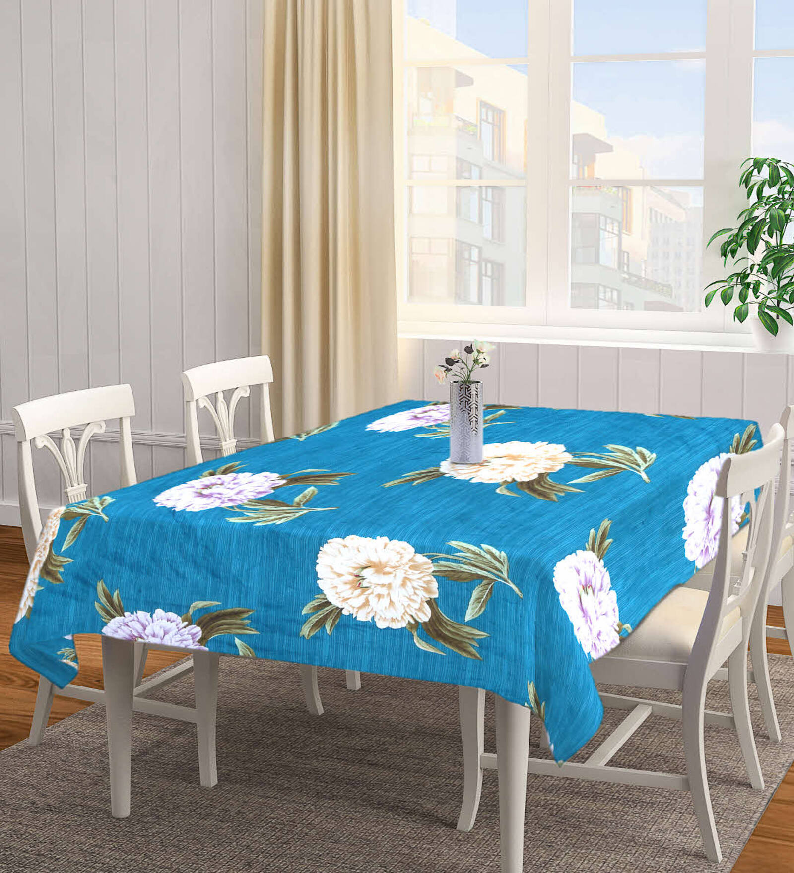 Buy Floral (90x60) Teal Blue & White Cotton Blend Table Cloth at 70% ...