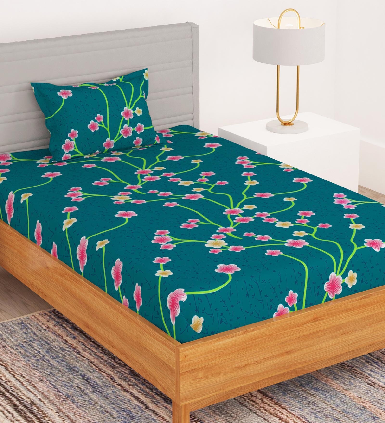 Buy Teal Floral 180 TC Microfiber Single Size Bedsheet with Pillow ...