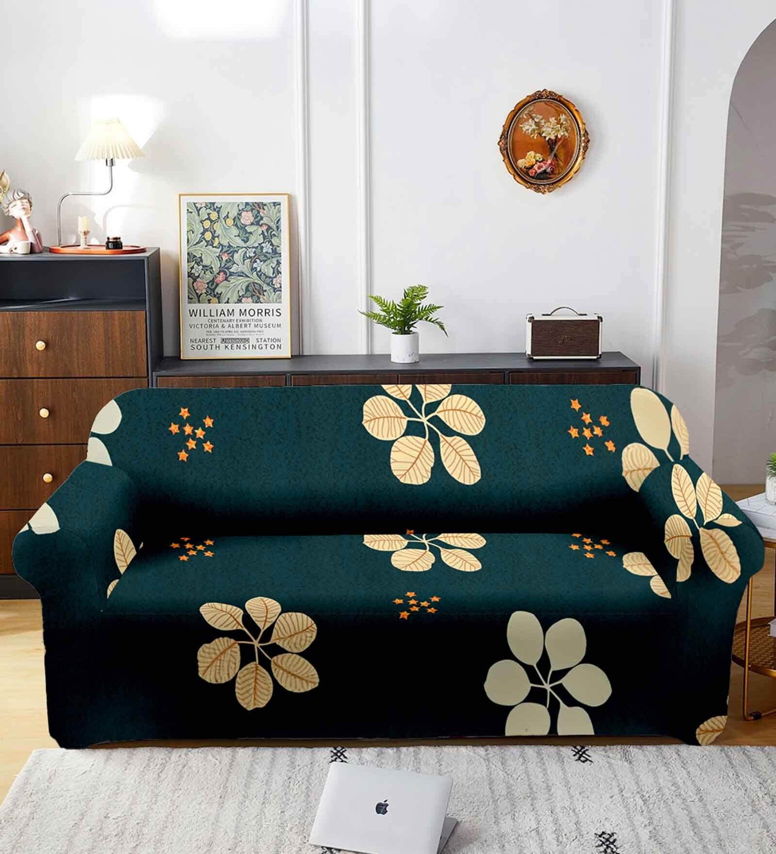 Buy Teal Florals Polyester 3 Seater Elastic Stretchable Sofa Cover at ...