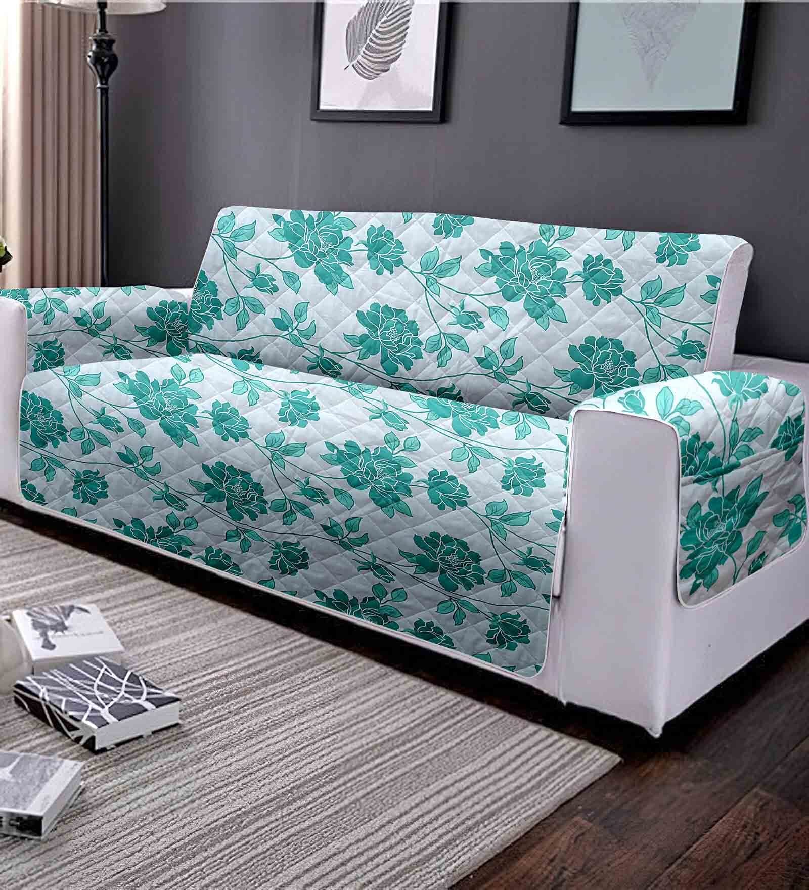Buy Teal Florals Polyester 3 Seater Reversible Sofa Cover By Cortina at ...