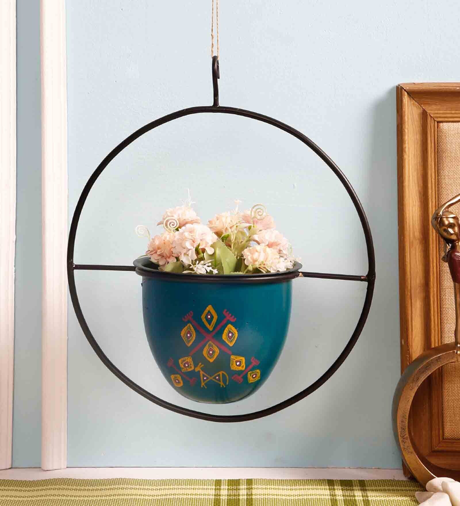 Buy Teal Metal Circular Hanging Planter by Aapno Rajasthan at 35% OFF ...