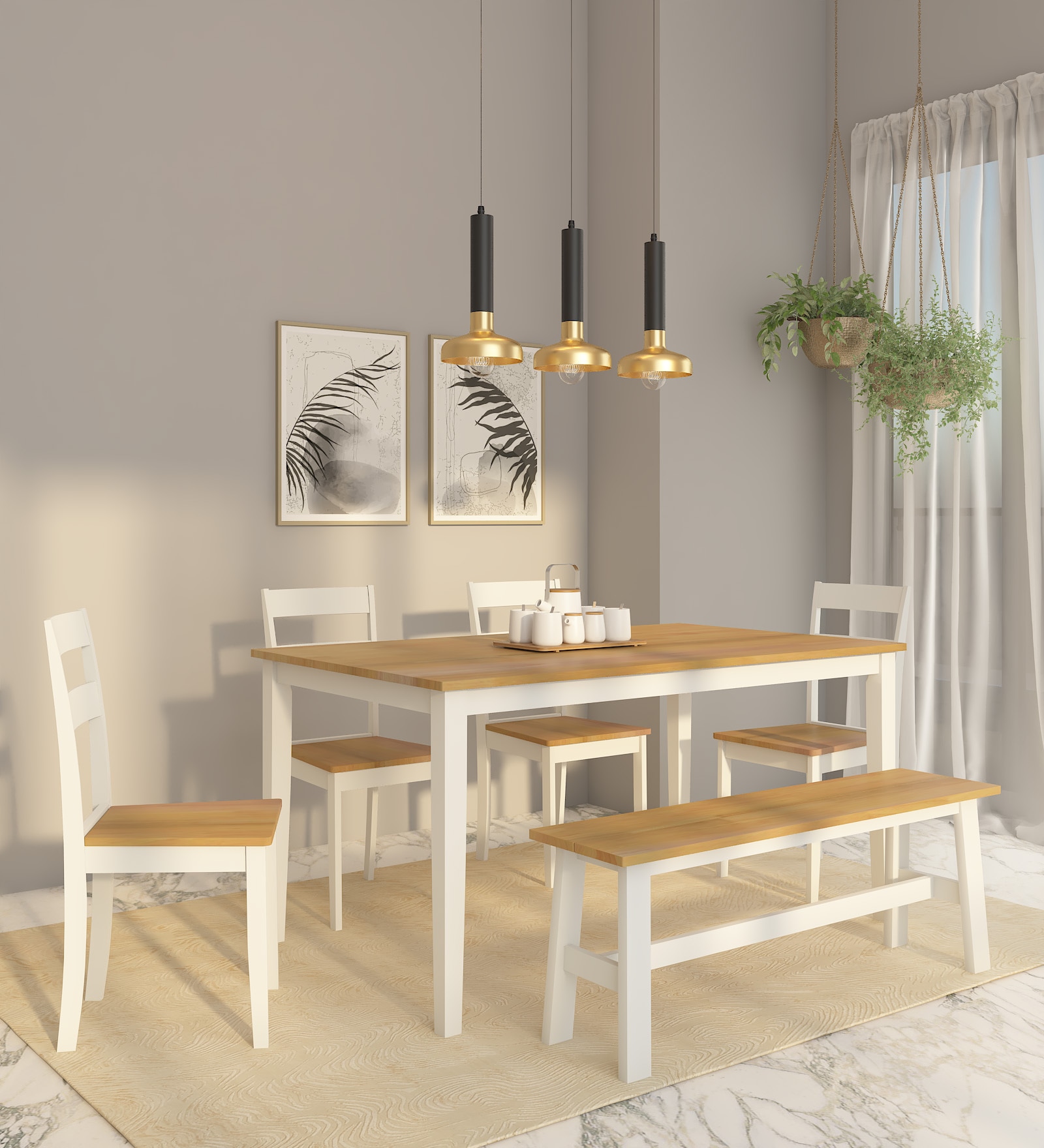 Buy Tempura Solid Wood 6 Seater Dining Set in Natural Finish with Bench ...