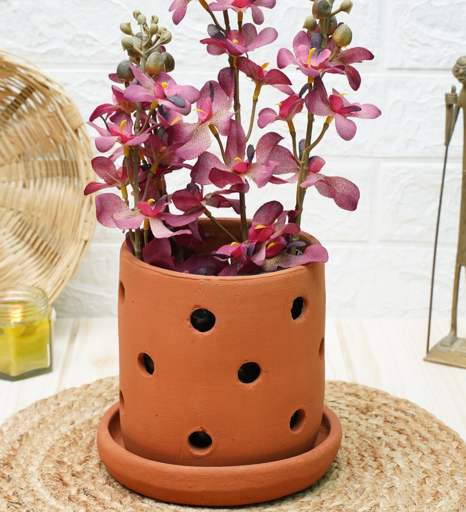Buy Terracotta Orchid Desk Pot with plate Set Of 2 By Gold Dust at 6% ...