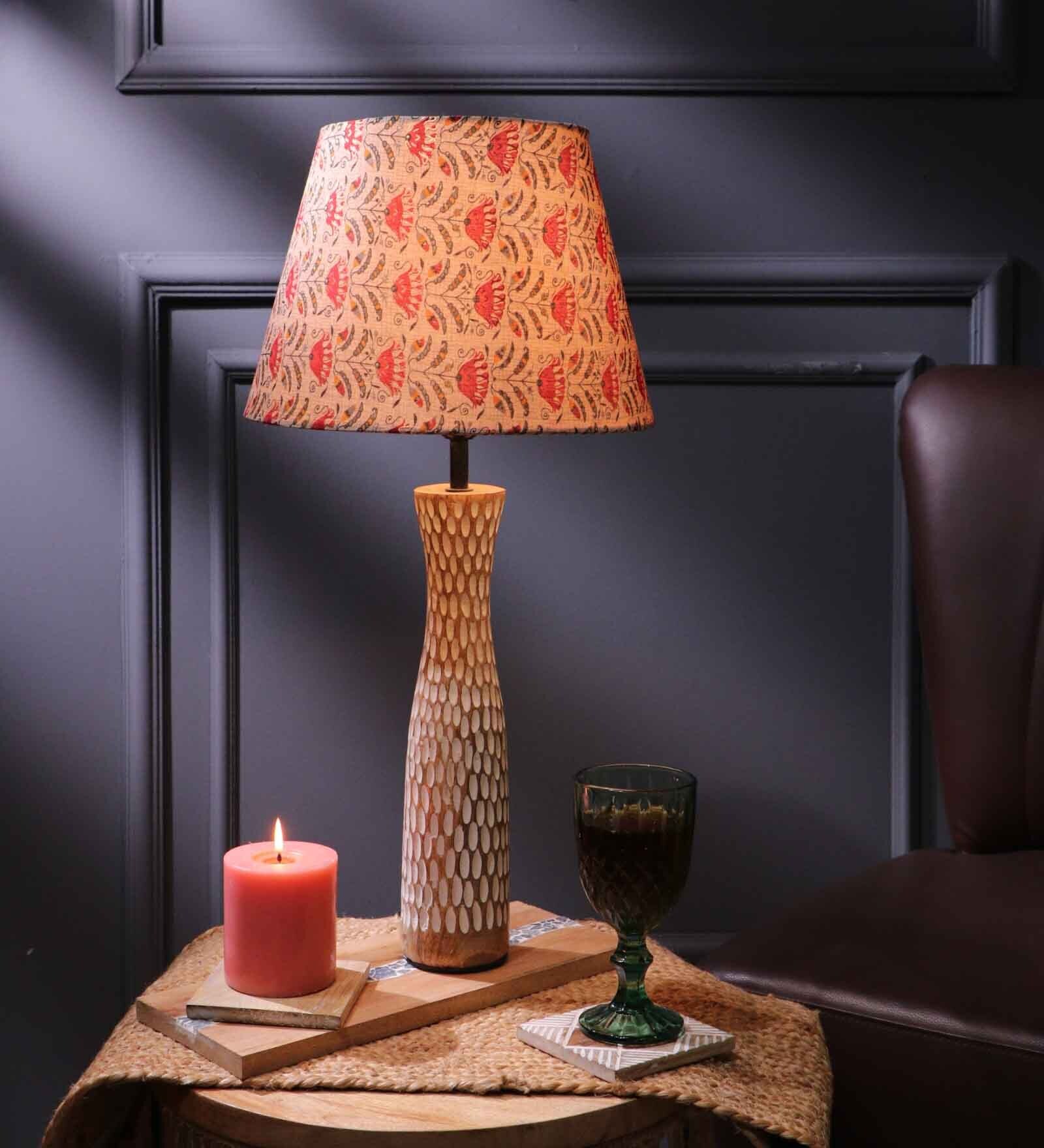 Buy Textured E27 Holder Wooden Base Table Lamp (White Base) with Fabric ...