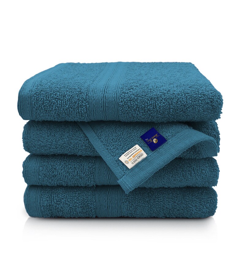 Buy Teal Solid Cotton 500 GSM Hand Towel Set of 4 By Sassoon Fab Online ...