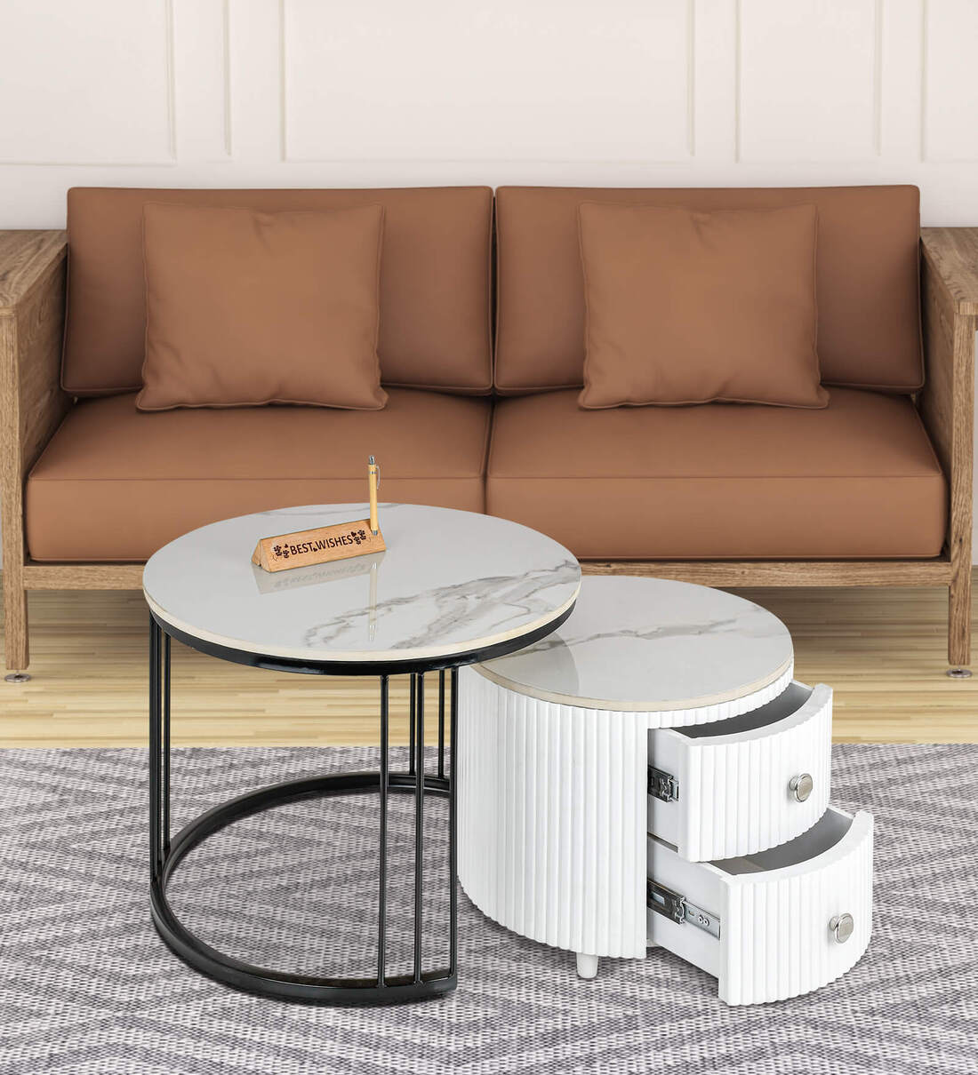 Buy Notch Marble Top Nesting Coffee Table With Storage In Golden Finish ...
