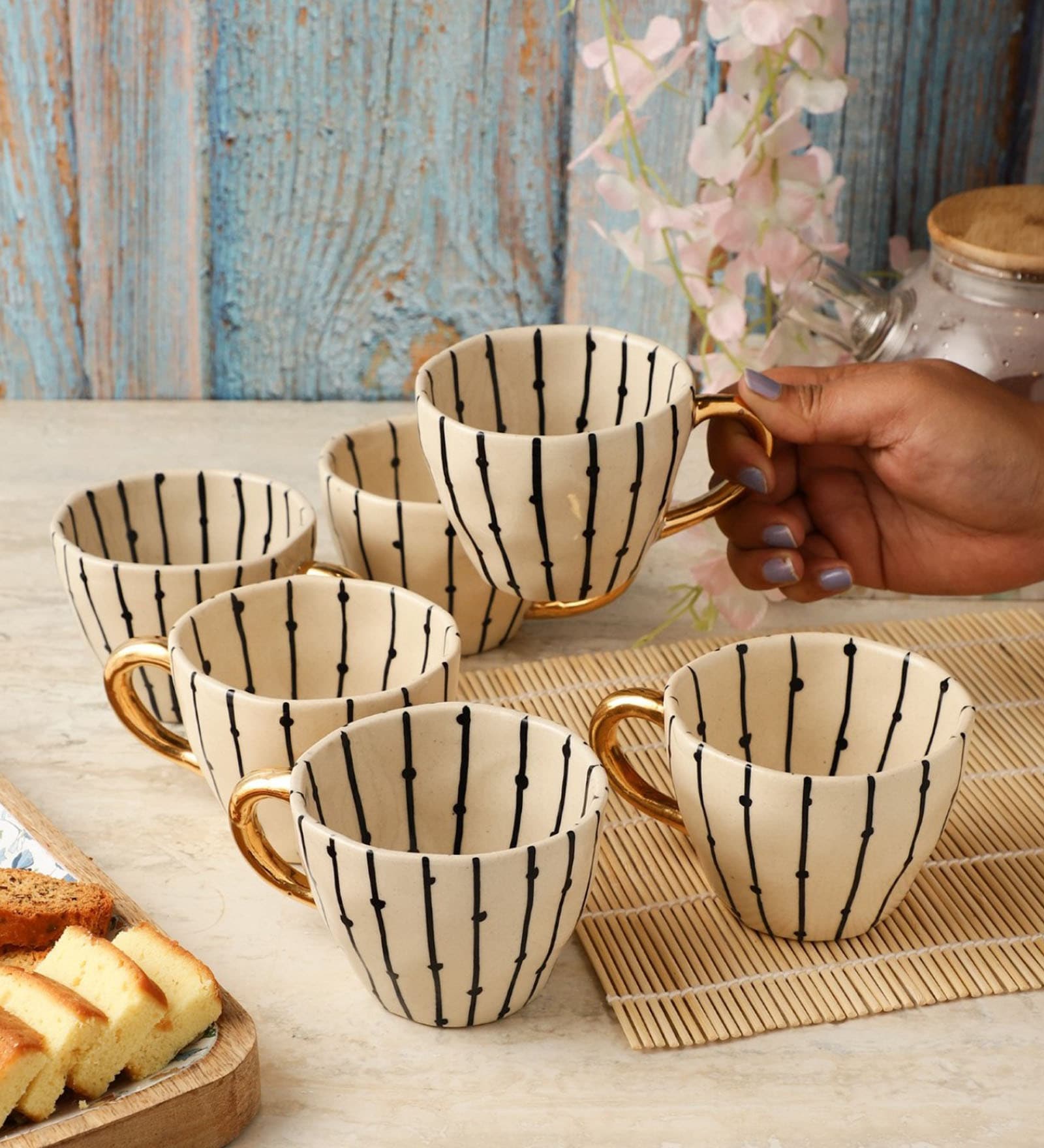 Buy B&W Stripe Cup With Golden Handel Ceramic 200ML (Set of 6) Tea Cup ...