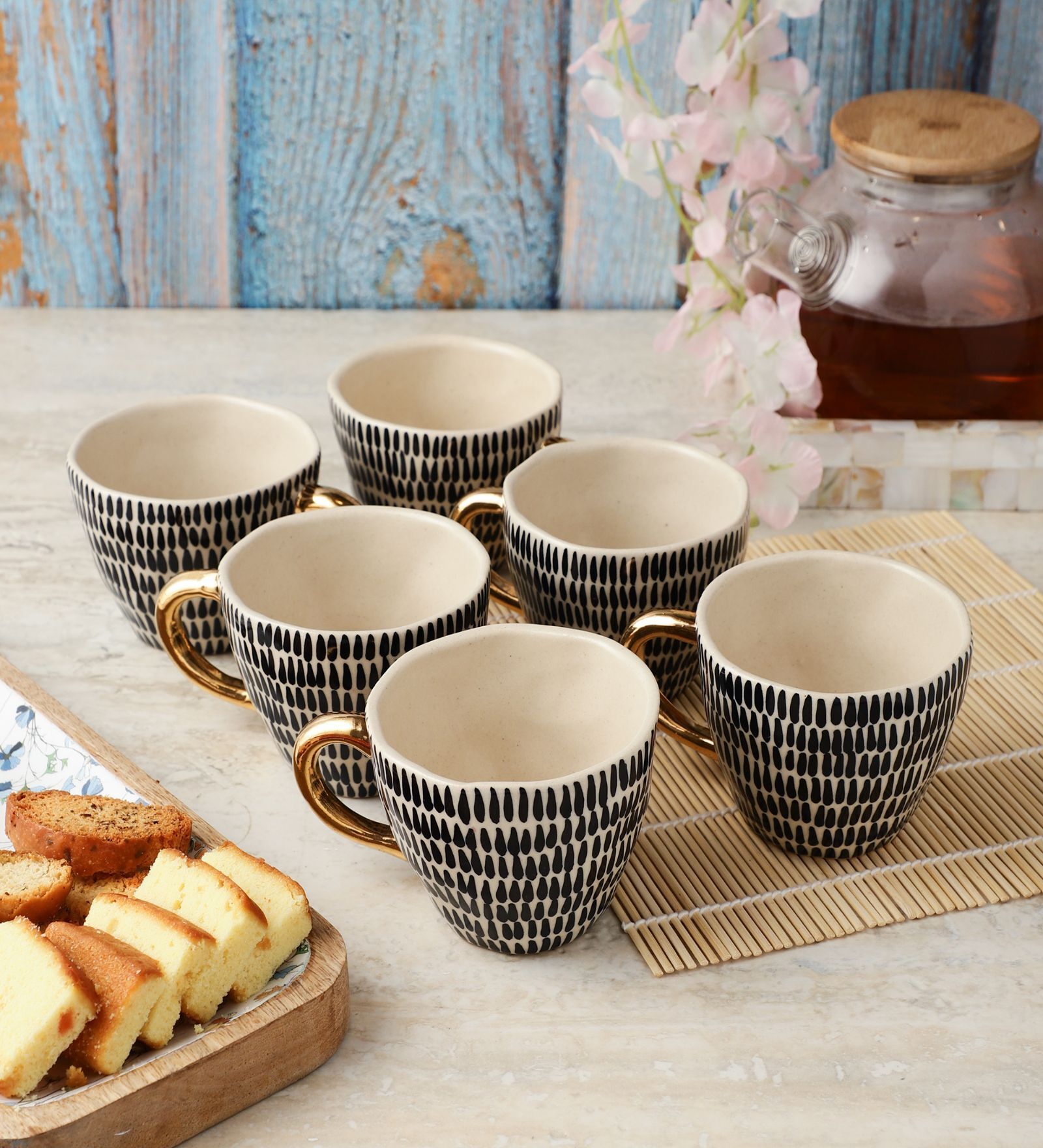 Buy Black and White Tribal Stripe (Set of 6) Tea Cups with Golden ...