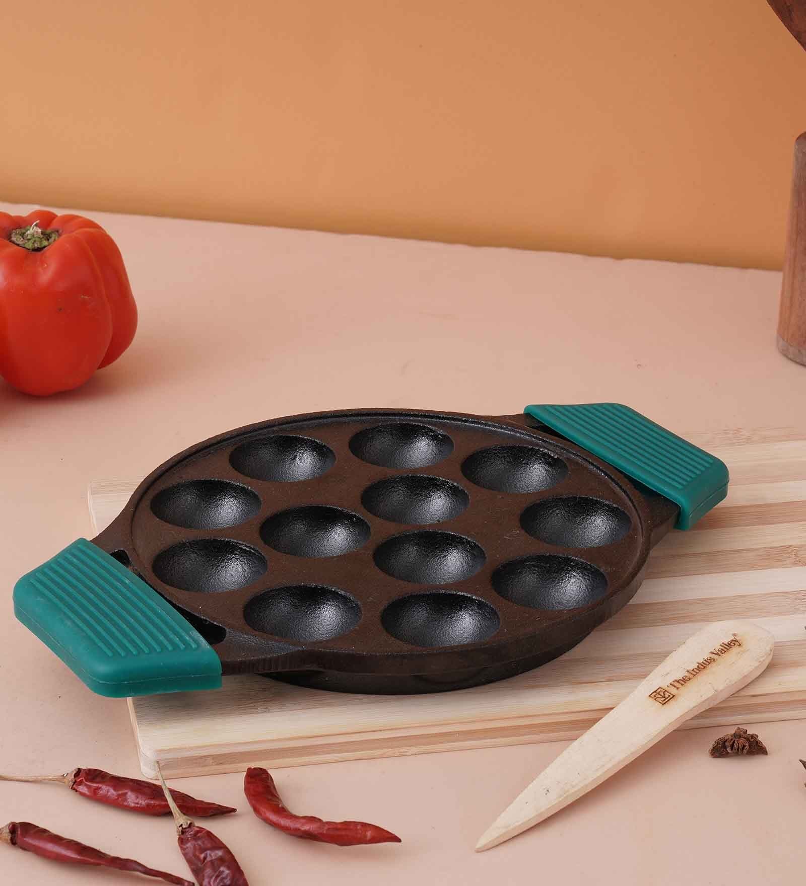 Buy Pre Seasoned Black 12 Pits Cast Iron Non - Stick Appam Pan With ...
