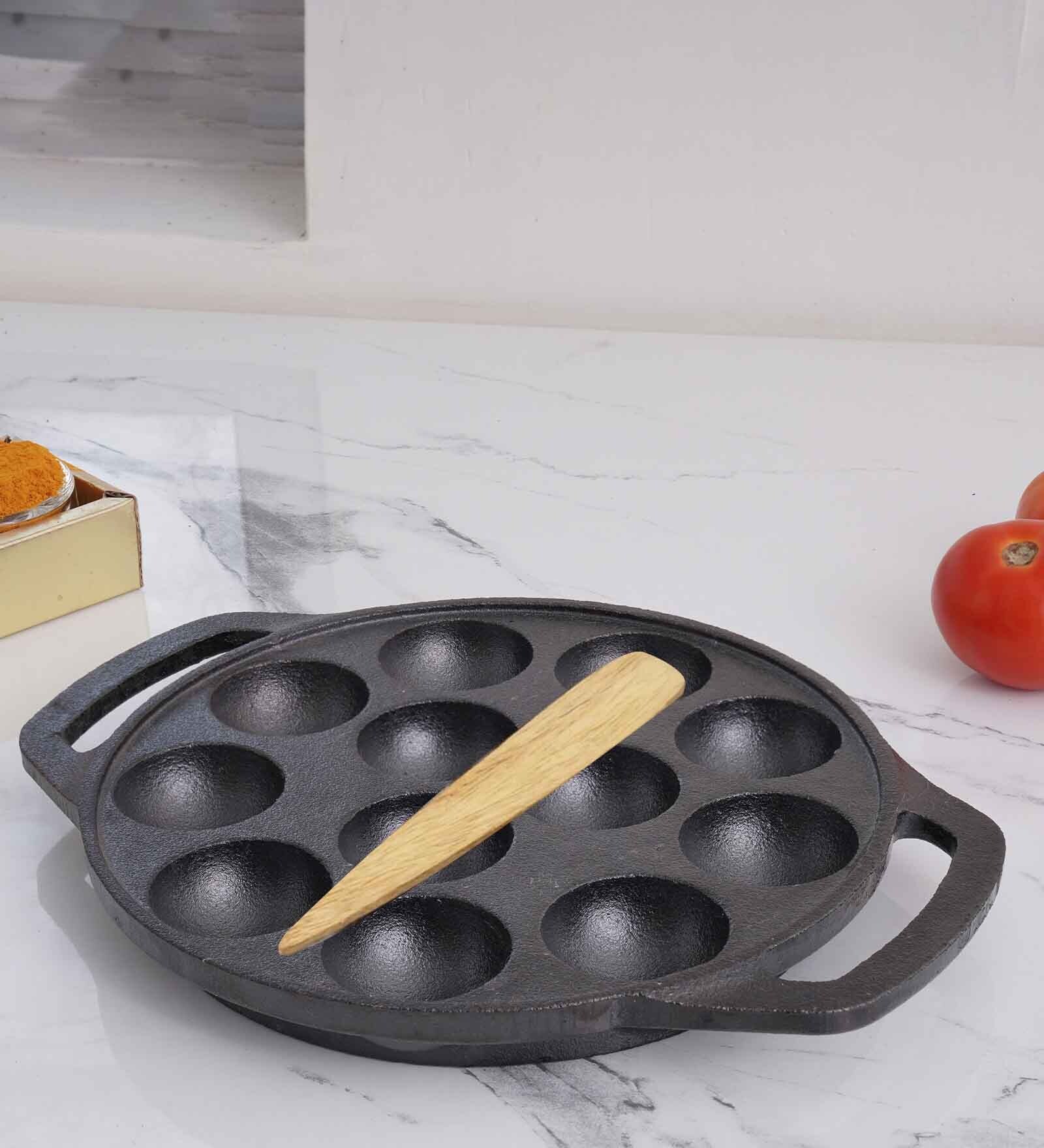 Buy Pre Seasoned Black 12 Pits Cast Iron Non - Stick Appam Pan With ...