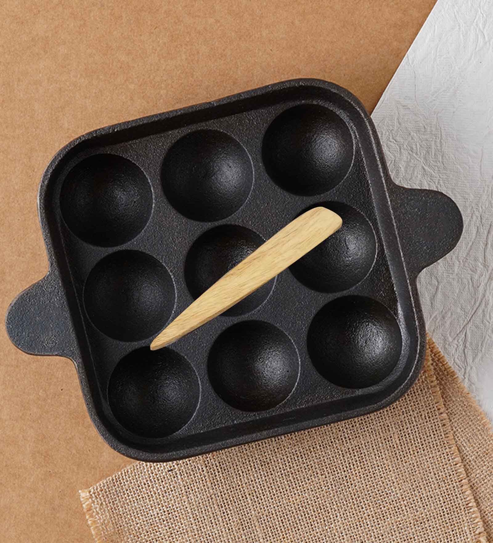 Buy Pre Seasoned Black 9 Pits Cast Iron Non - Stick Appam Pan With ...