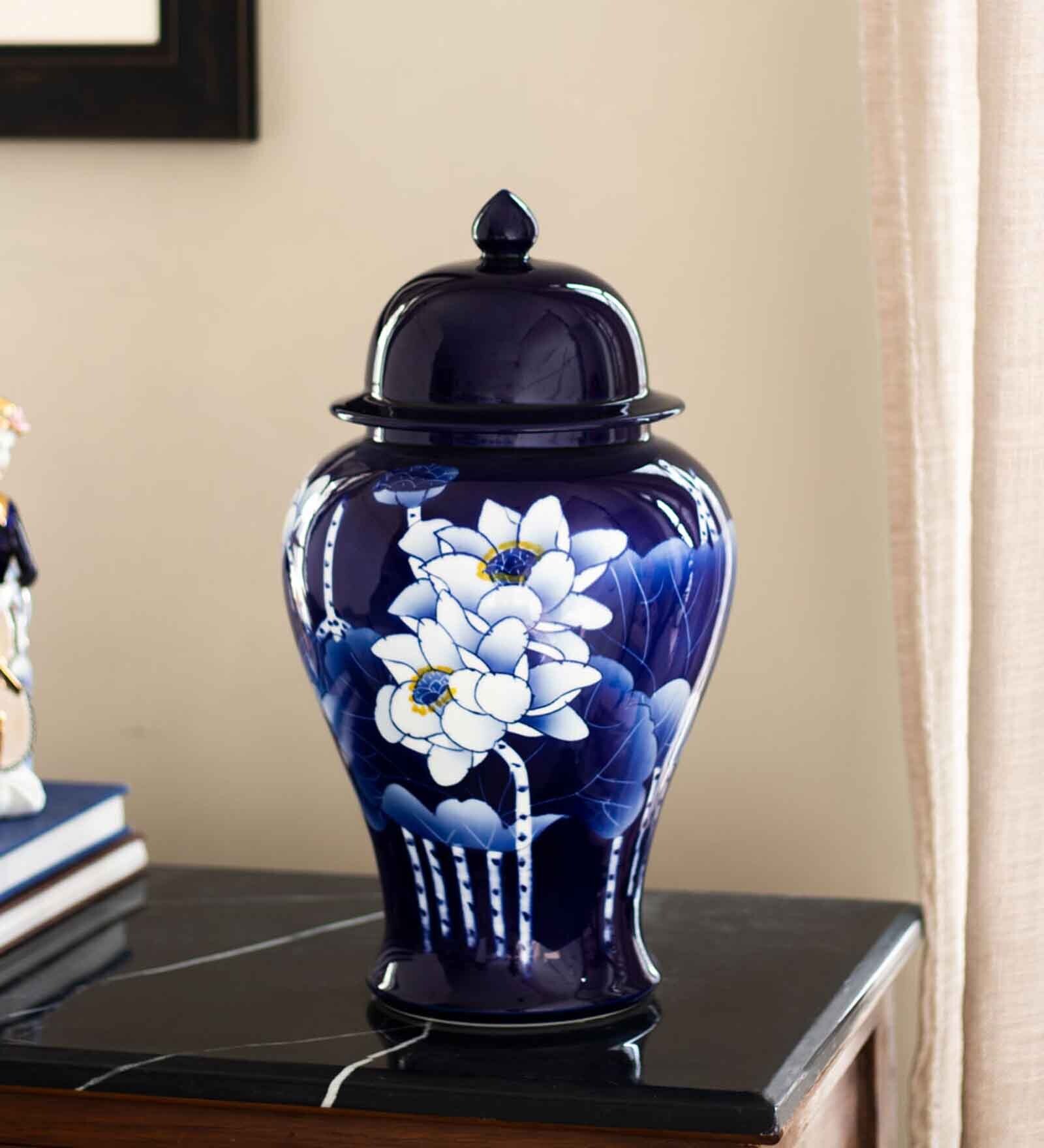 Buy The Lotus Blue Ceramic Lidded Vase by The Decor Kart | Pepperfry