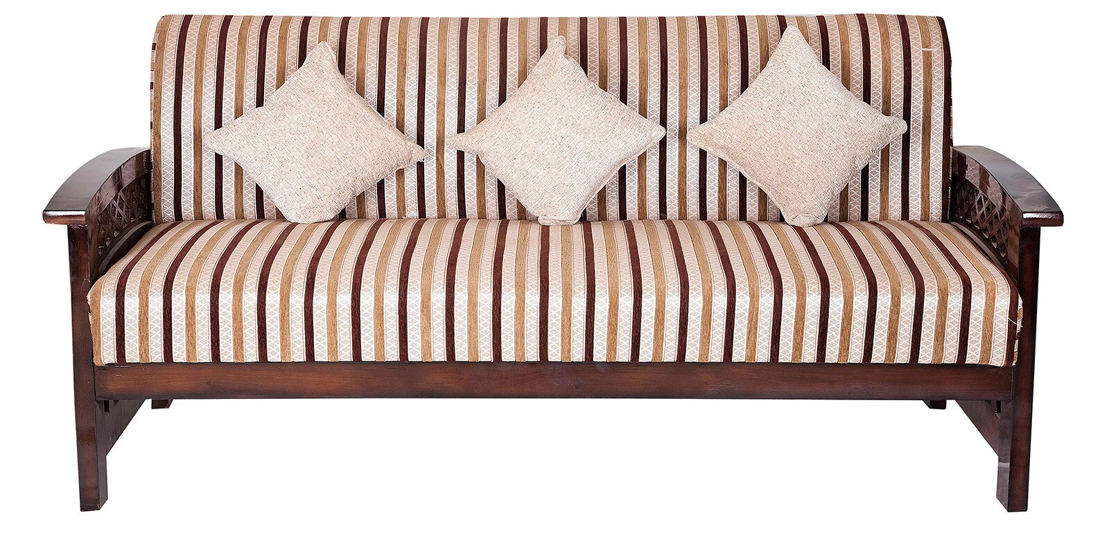 Buy Three seater Seater Sofa in Brown Polish & Striped Shanil Fabric by ...