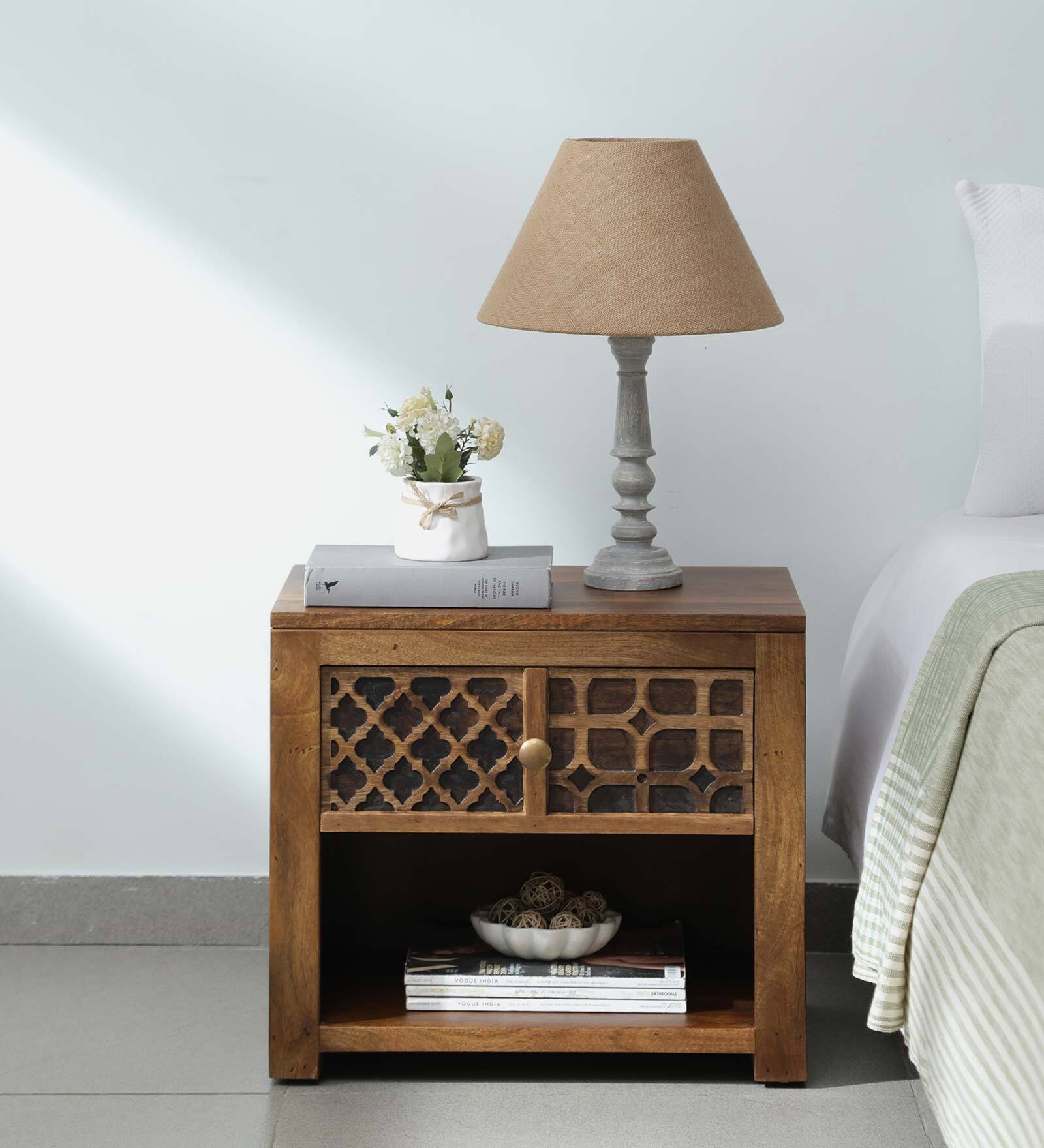 Buy Tishya Solid Wood Bedside Table In Provincial Teak Finish With ...